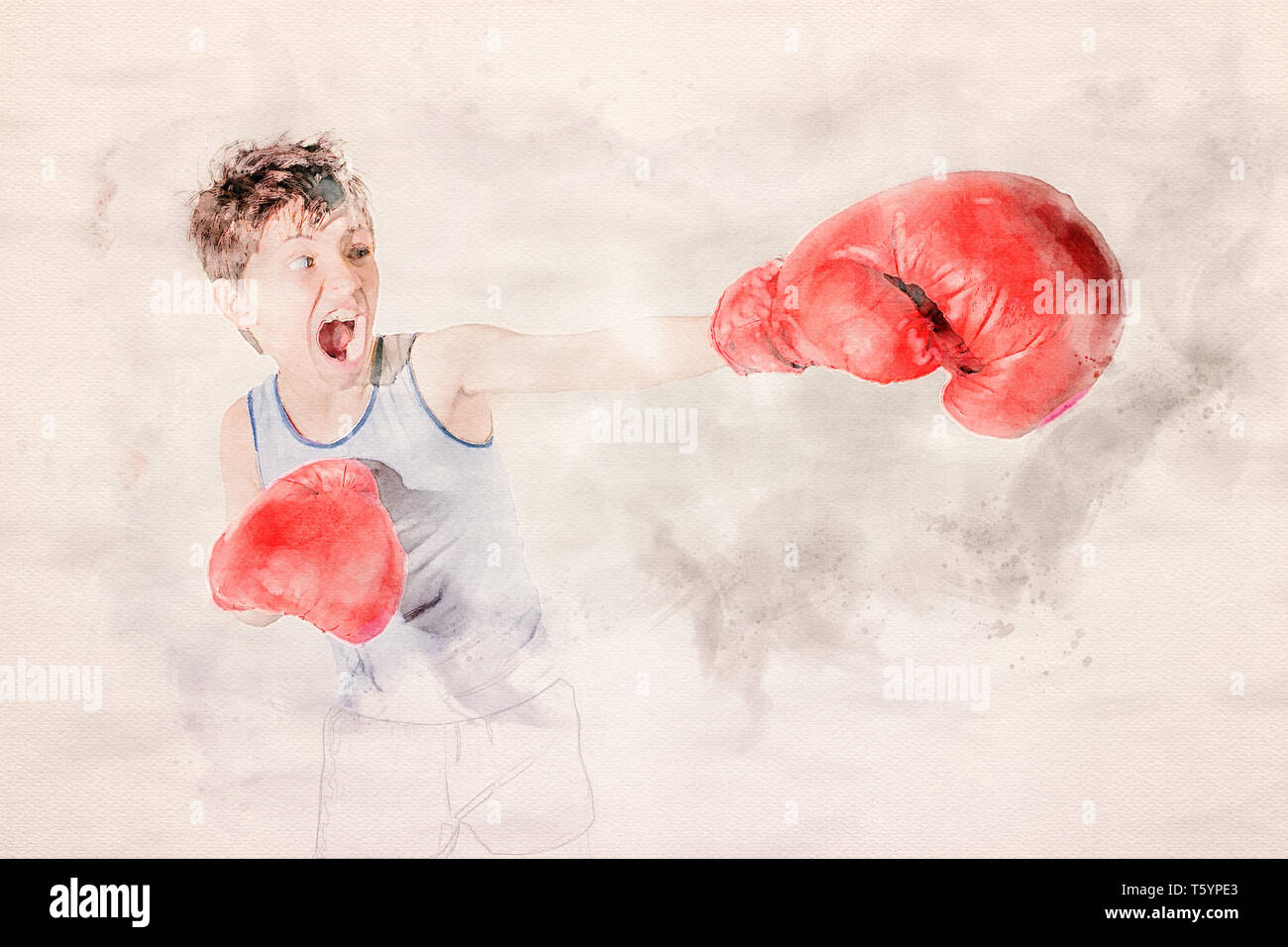 portrait of young boy boxing with red gloves in watercolors Stock Photo ...