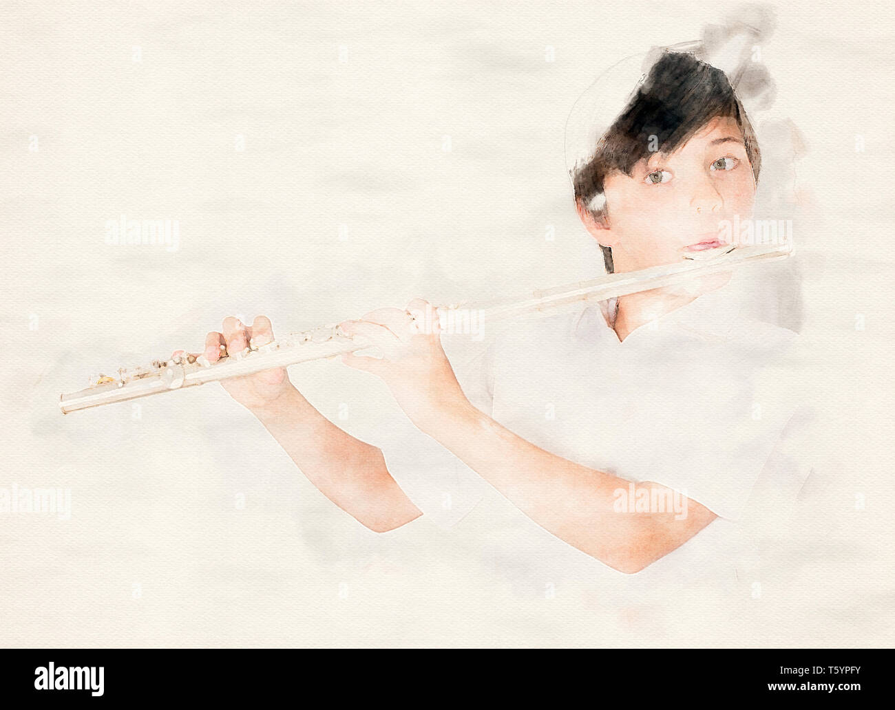 portrait of a boy playing the flute in watercolors Stock Photo - Alamy