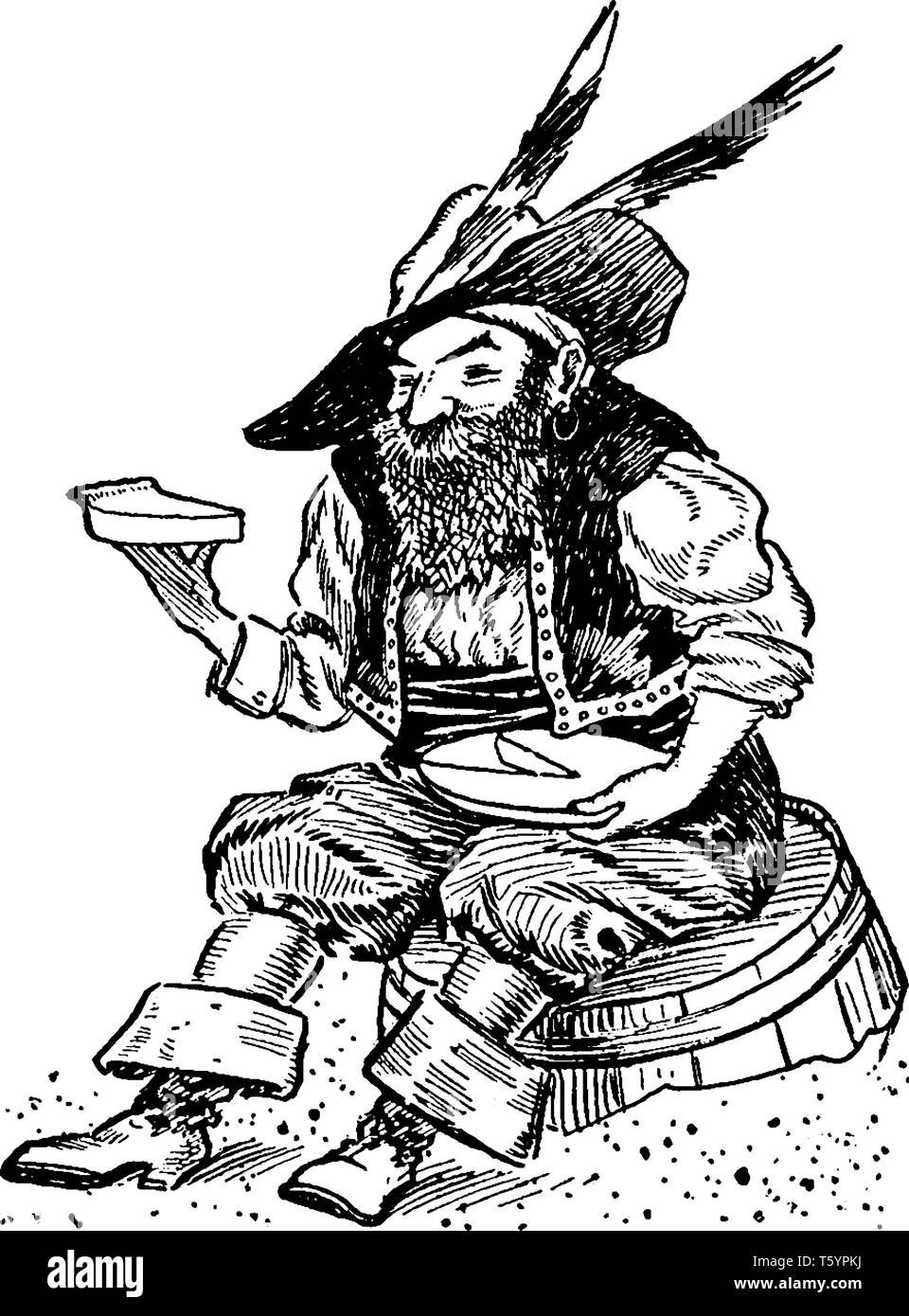 A pirate sitting on barrel and eating pie, vintage line drawing or ...