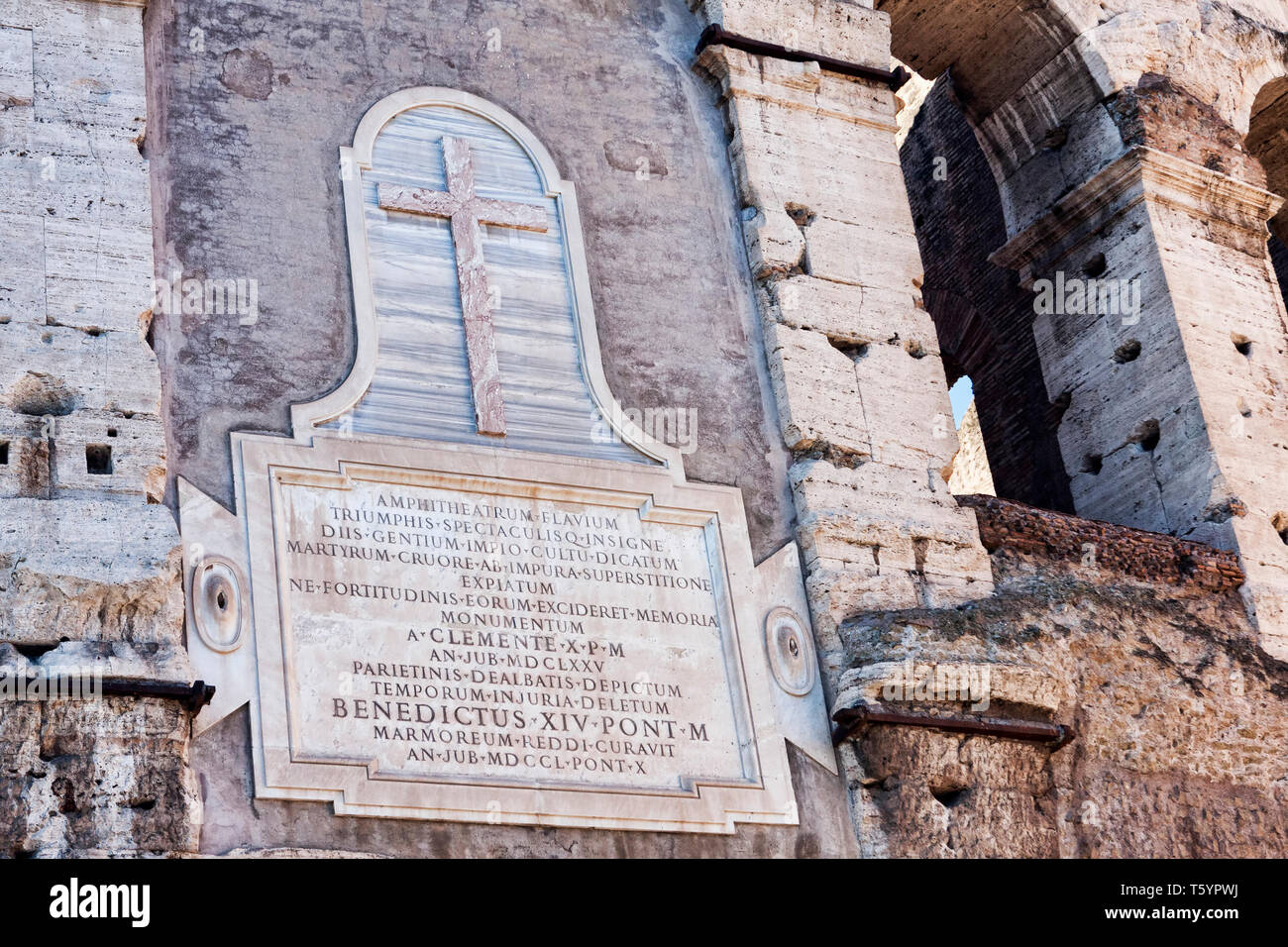Detail of the Colosseum in Rome with the famous inscription by Pope ...