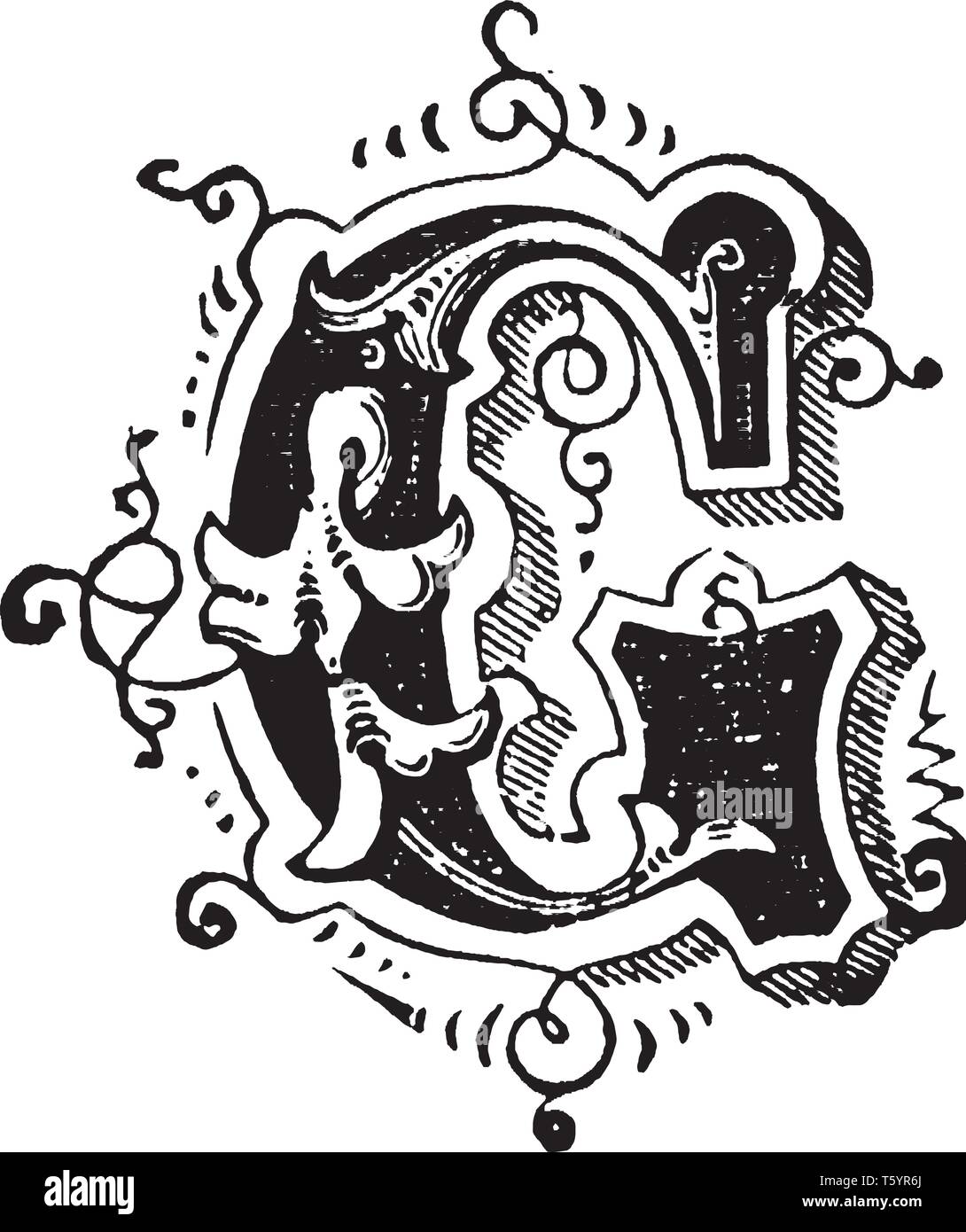 An ornamental capital letter G, vintage line drawing or engraving ...