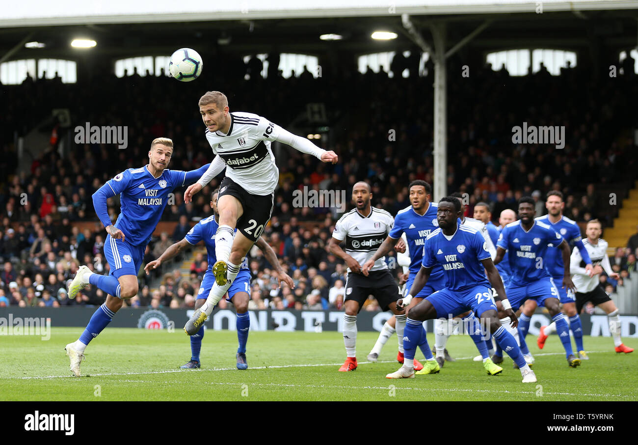 Fulham's Maxime Le Marchand (20) heads the ball clear during the ...