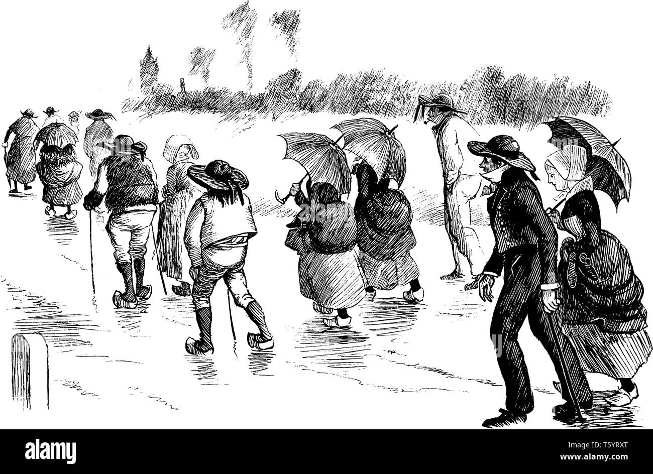 People Walking In The Rain Drawing