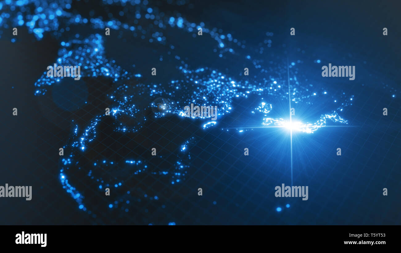 power of japan, energy beam on tokyo. dark map with illuminated cities ...