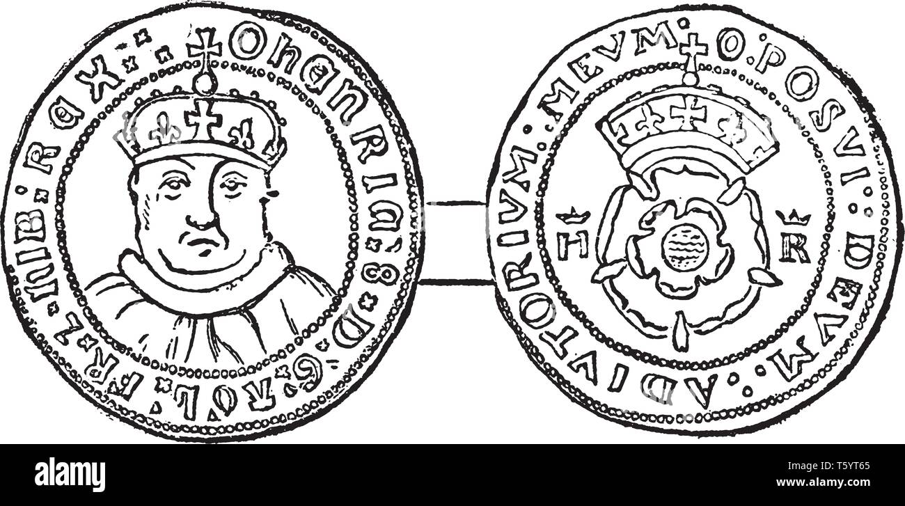 This illustration represents Coin of Henry VIII, vintage line drawing ...