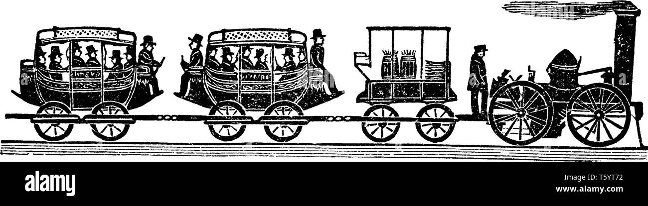 First Railroad Train to be used in America, vintage line drawing or ...
