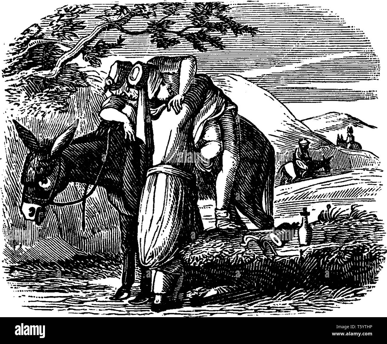 A man helping another man to get down from horseback, vintage line ...