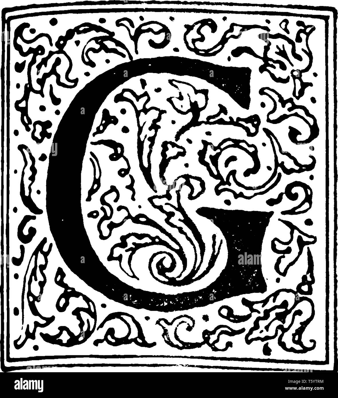 An ornamental and decorative capital letter G, vintage line drawing or ...