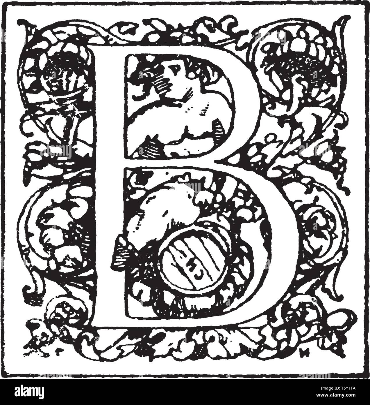 An ornamental capital letter B in Romanesque architecture with man ...