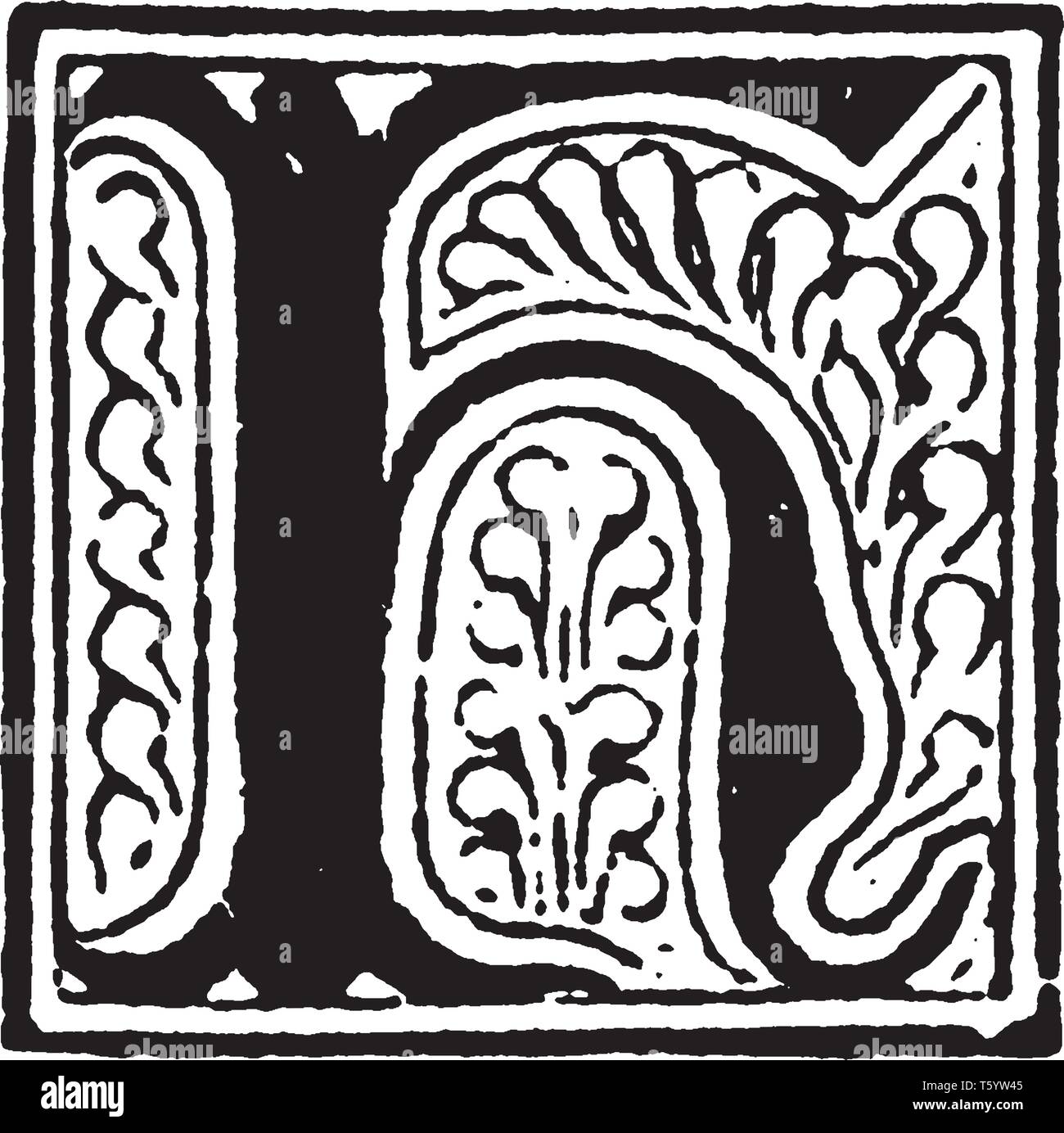 A decorative letter H, vintage line drawing or engraving illustration ...