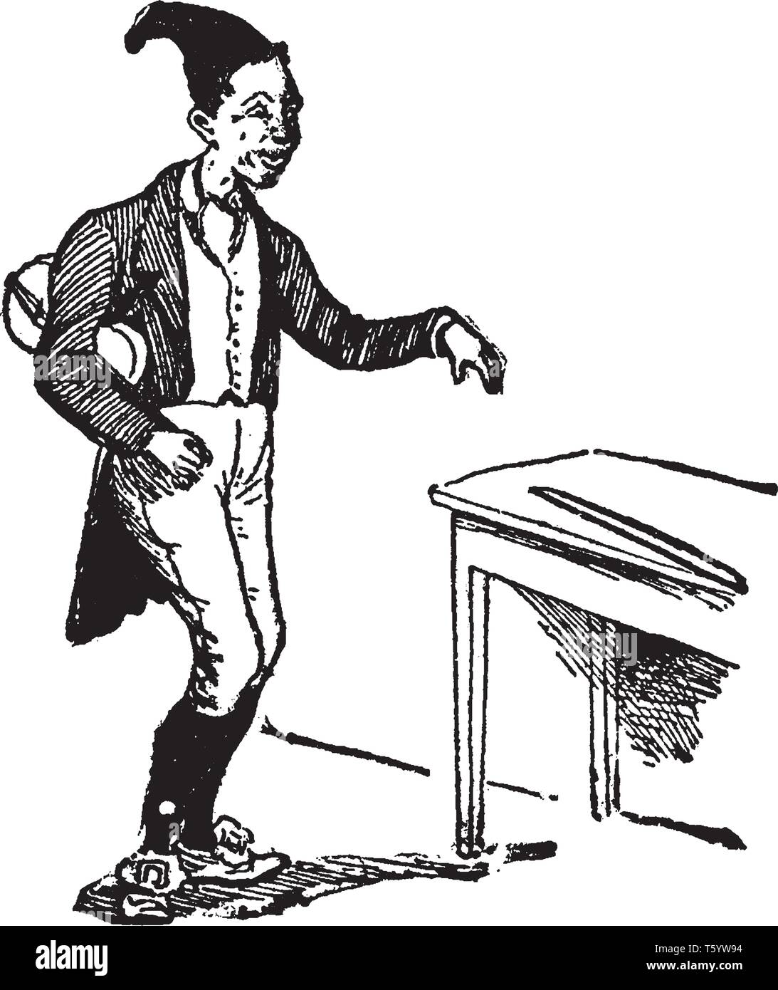 Fiddler standing near table, vintage line drawing or engraving ...