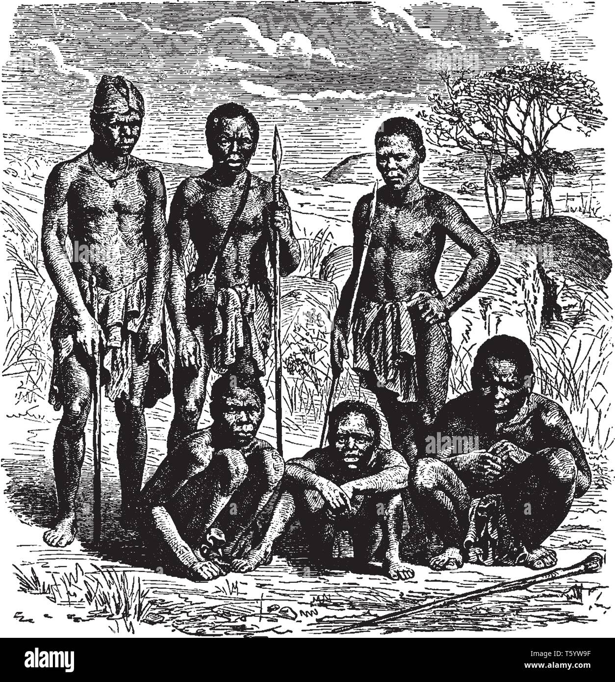 Group of men from south Africa, vintage line drawing or engraving ...