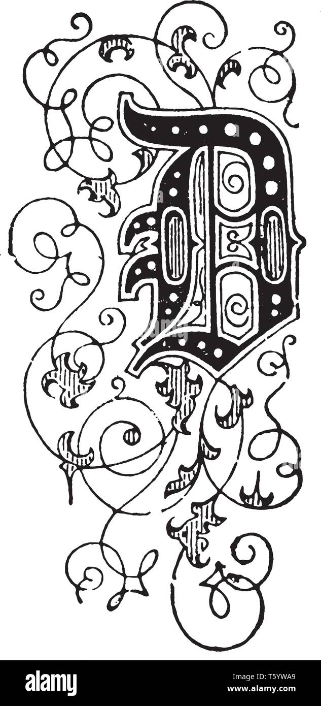 An ornamental and floral capital letter D, vintage line drawing or ...