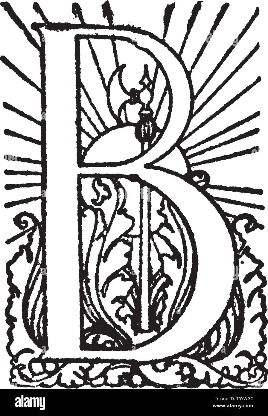 A decorative capital letter B with a sunrays and pole arm, vintage line ...