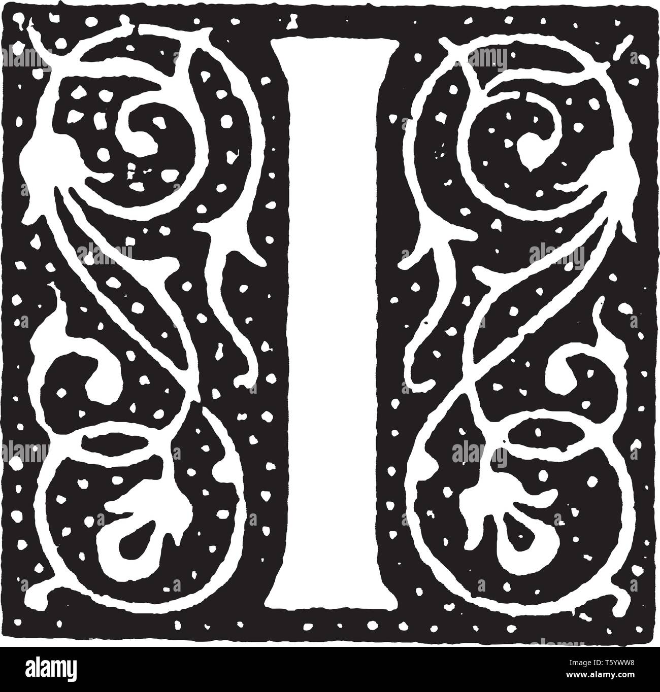 An ornamental and decorative letter I, vintage line drawing or ...