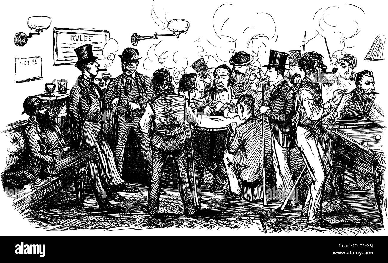 A Gentlemen's lounge, group of men around table, vintage line drawing ...