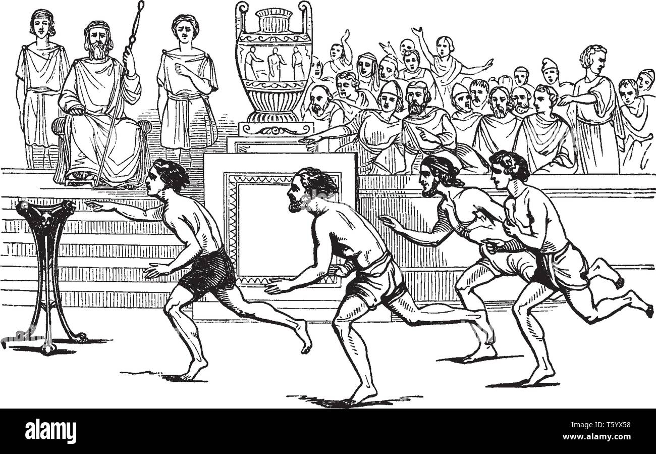 Group of men in Roman foot-race, other people watching them, vintage ...