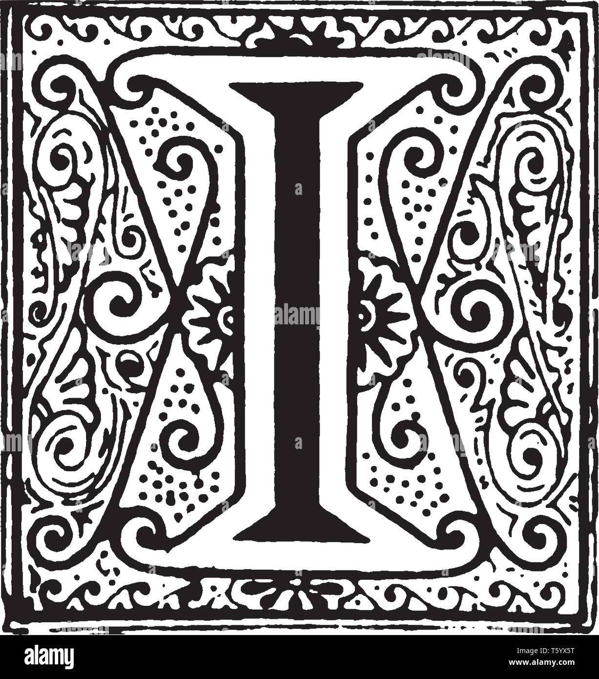 An ornamental and decorative letter I, vintage line drawing or ...