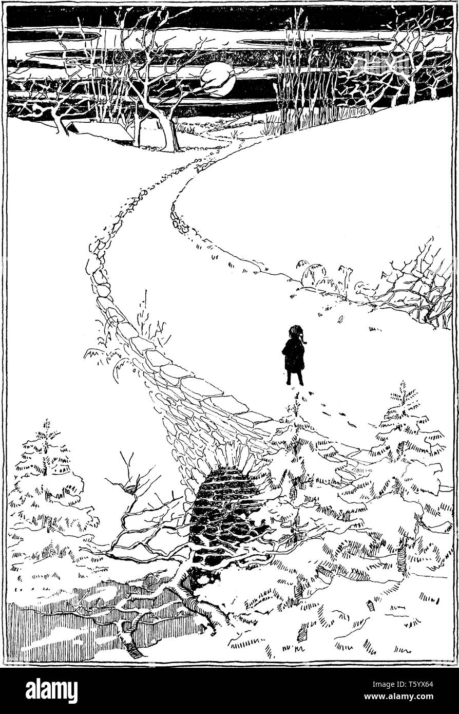 Snowy Scene where a child walks along a snow covered bridge at night ...