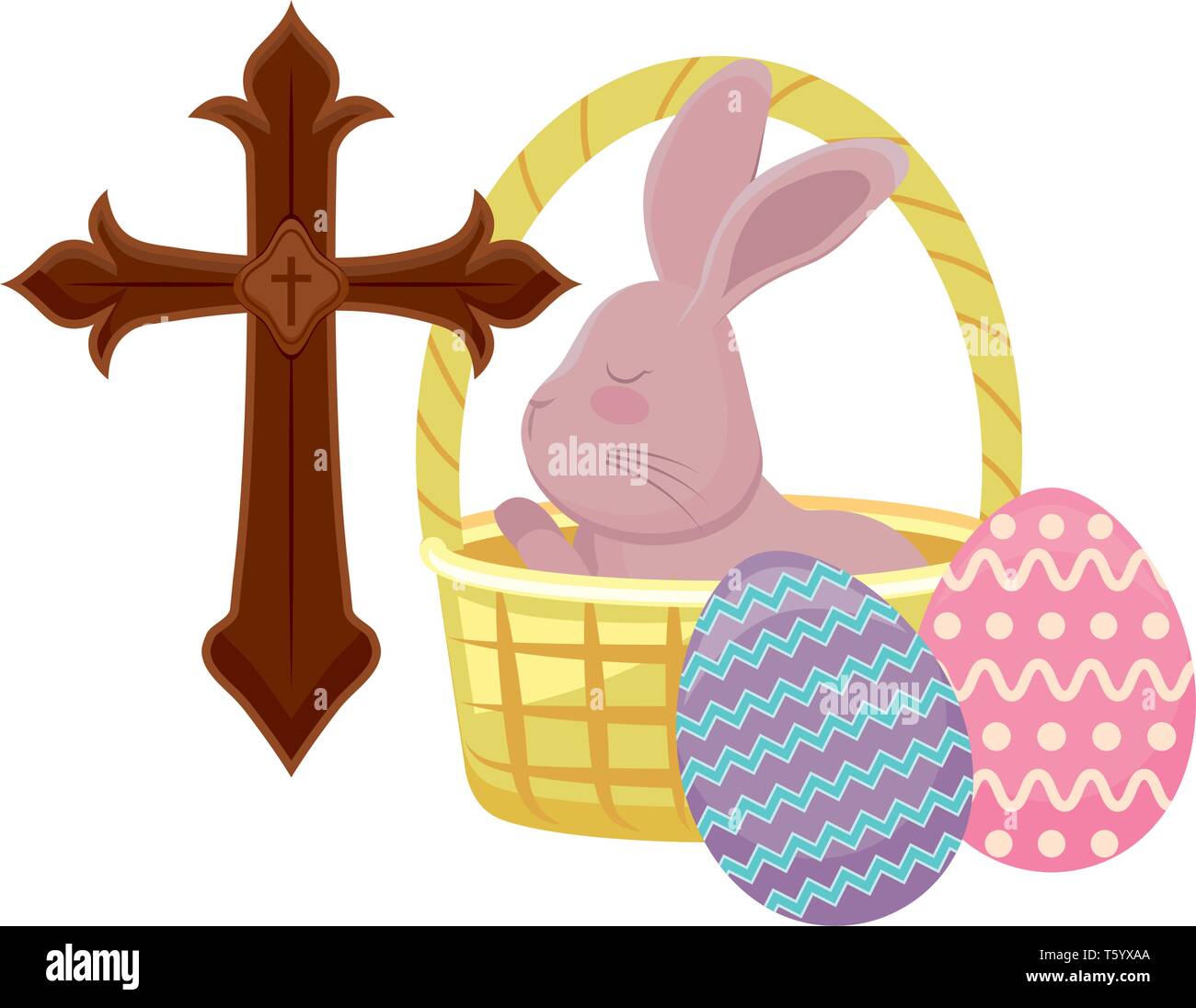 cute rabbit in basket wicker with catholic cross and eggs of easter ...