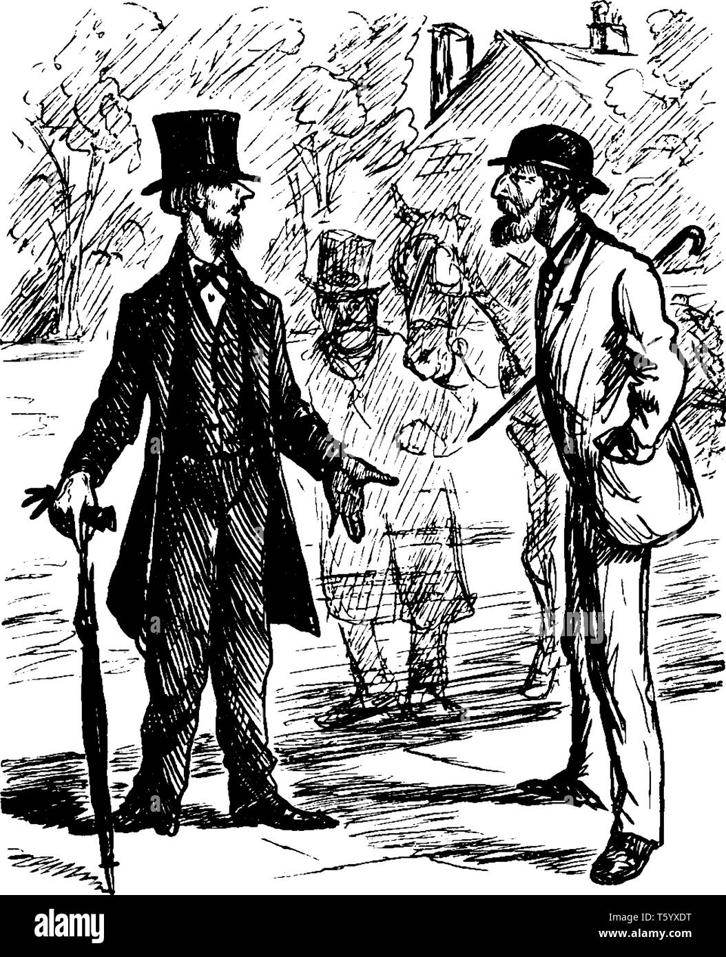 Two men talking on street, vintage line drawing or engraving ...