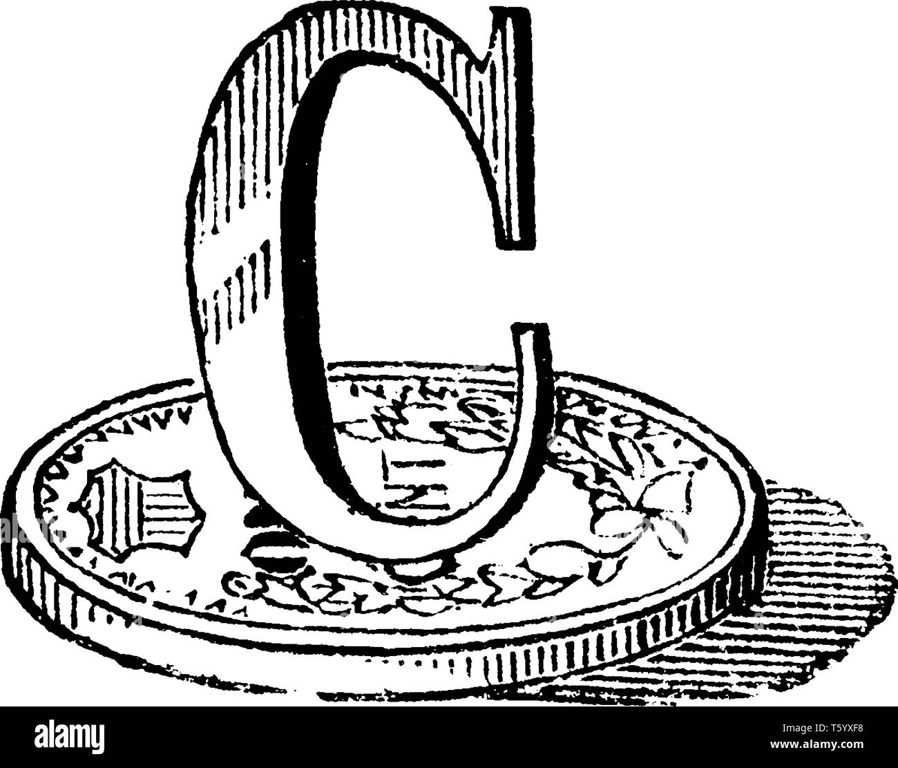 A capital letter C on coin, vintage line drawing or engraving ...