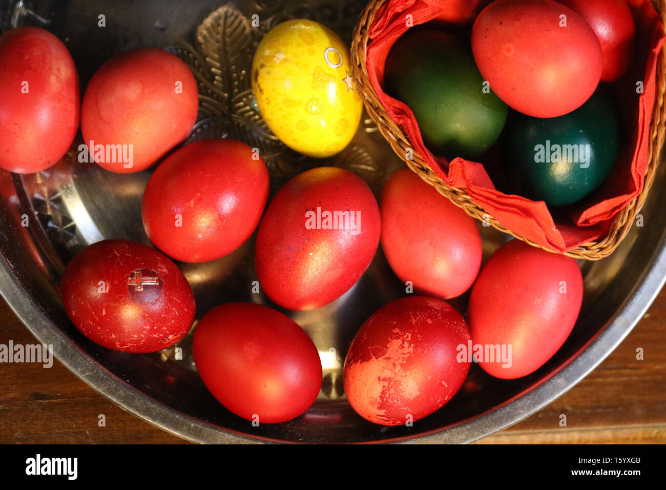 The Easter eggs painted in traditional Bulgarian style on the handmade ...
