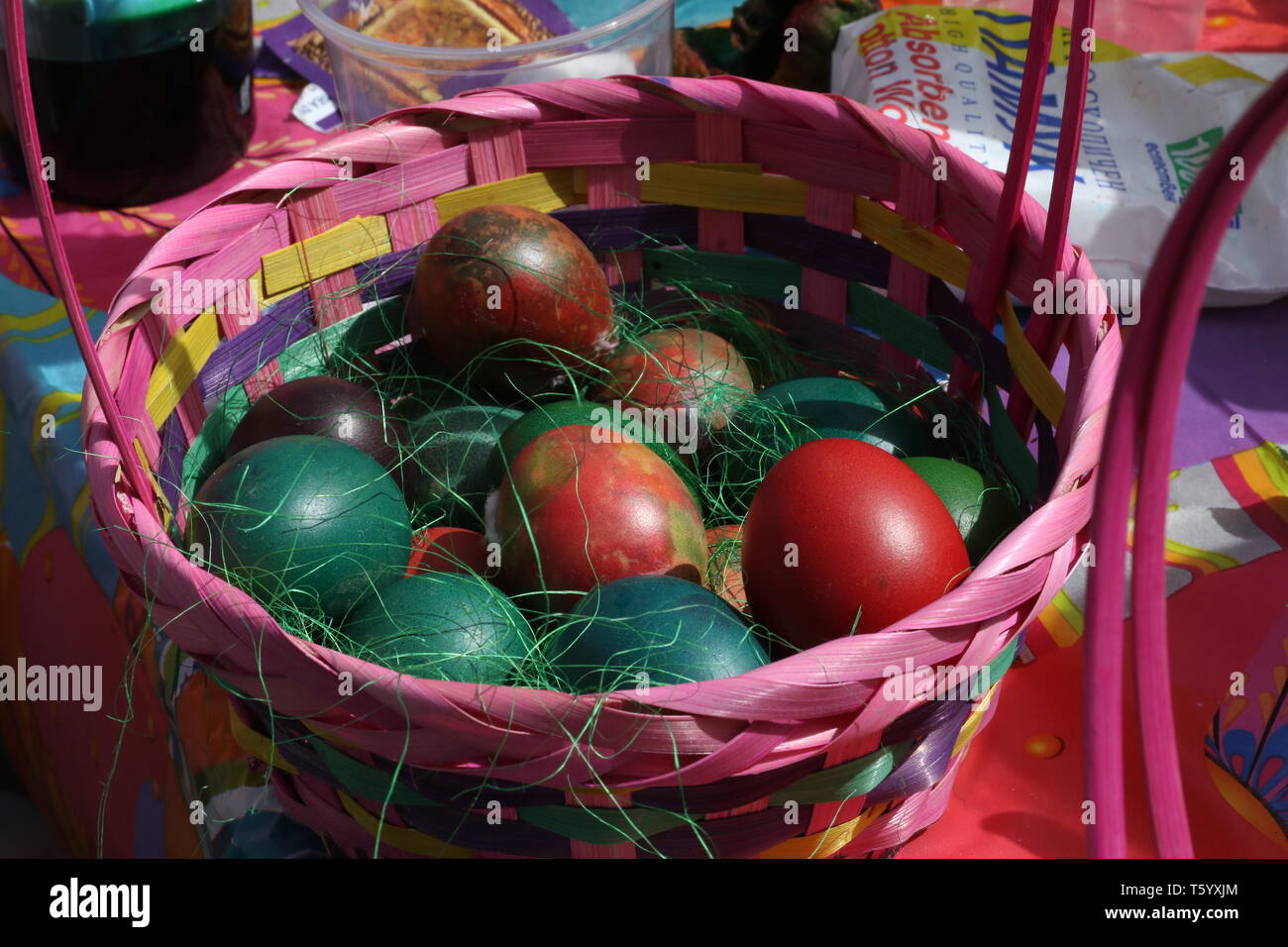 The Easter eggs painted in traditional Bulgarian style on the handmade ...