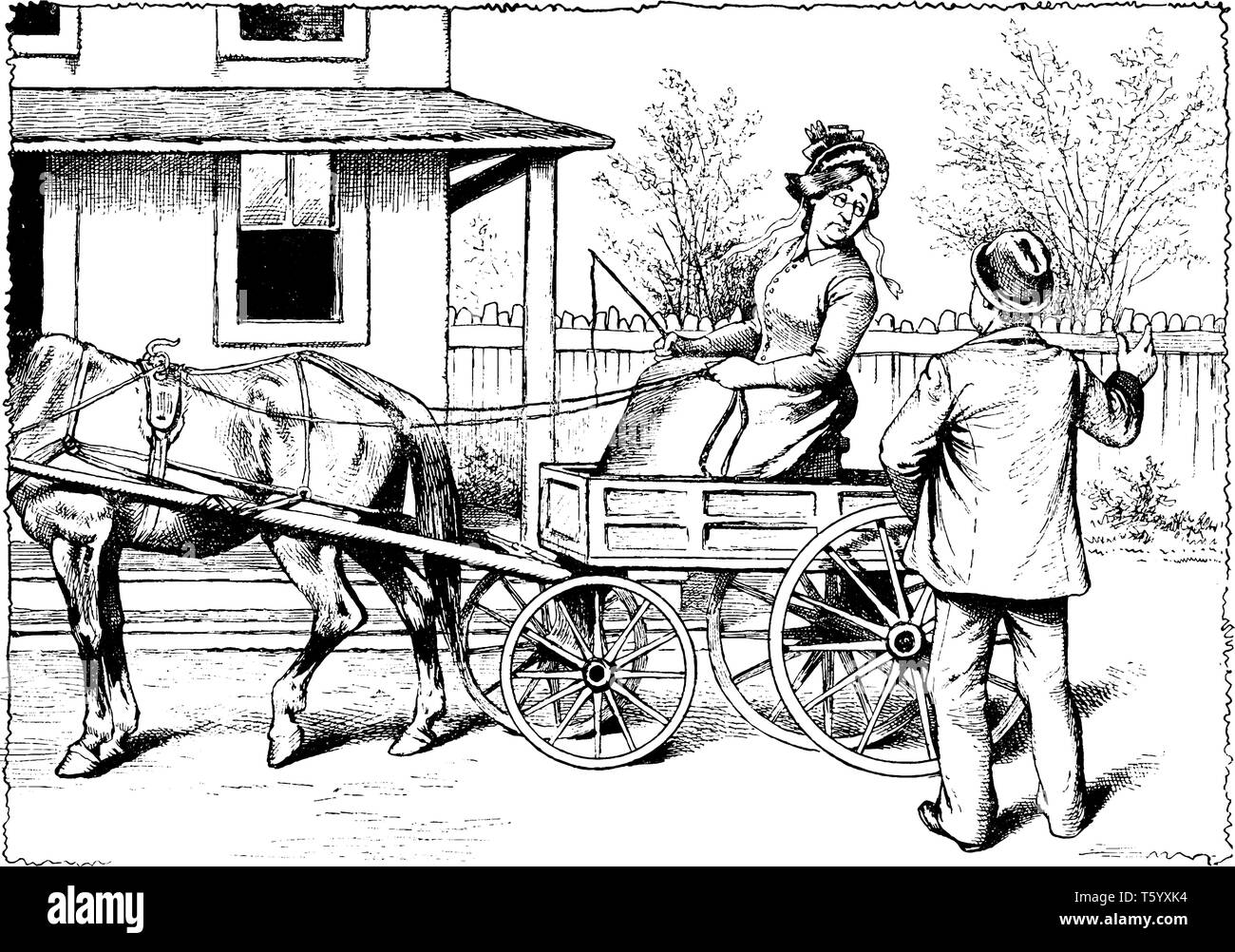 A woman driving carriage and talking to man standing near cart, vintage ...