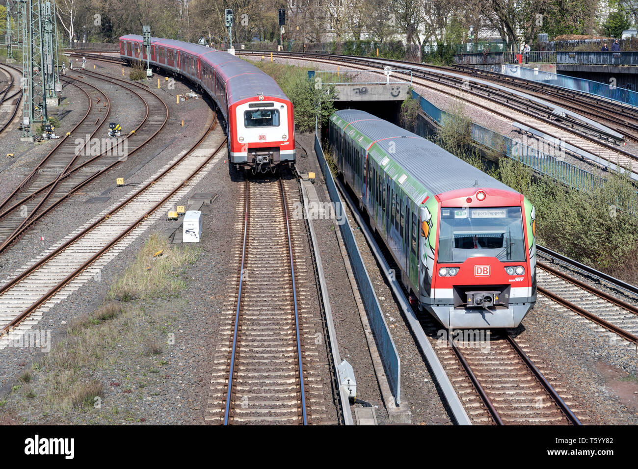 Class 472 and 474 trains of the Hamburg S-Bahn, rapid mass transit railway network in the ...