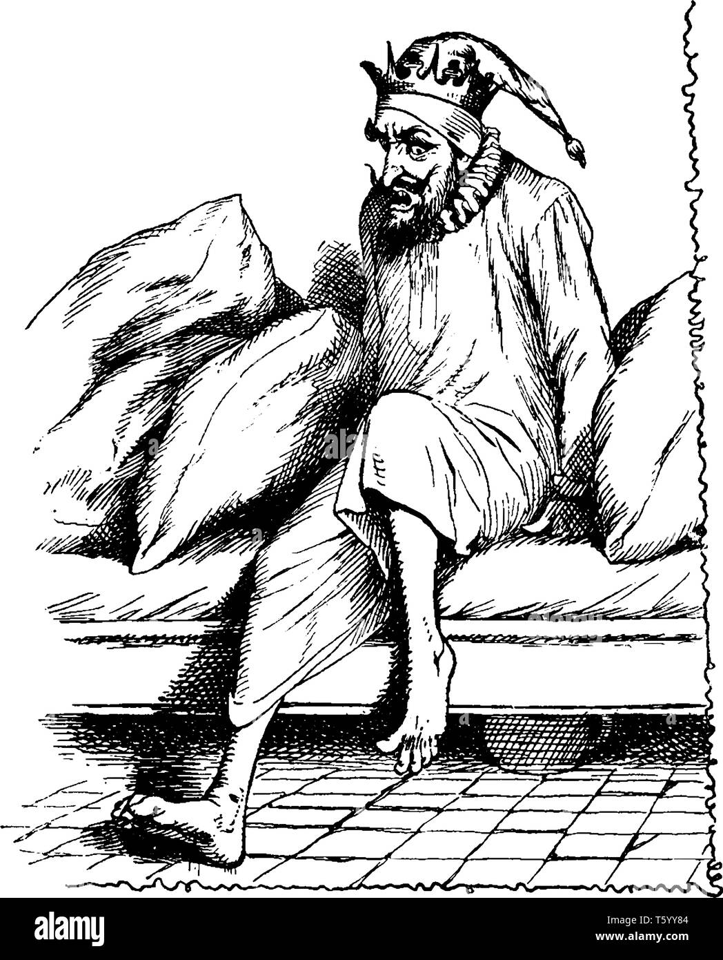 A man getting out of bed, vintage line drawing or engraving ...