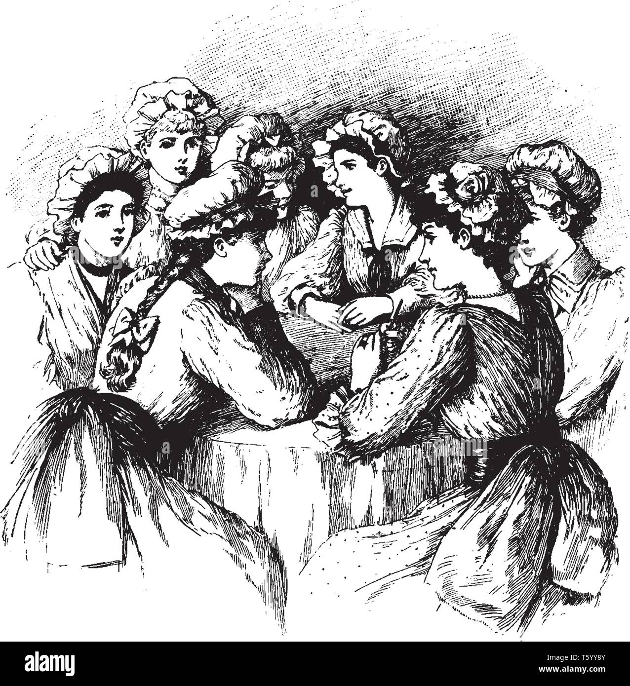 Group of ladies sitting at table and talking, vintage line drawing or ...