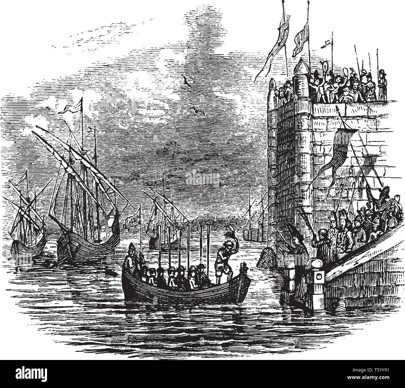 Columbus Fleet sailing from Palos, vintage line drawing or engraving ...