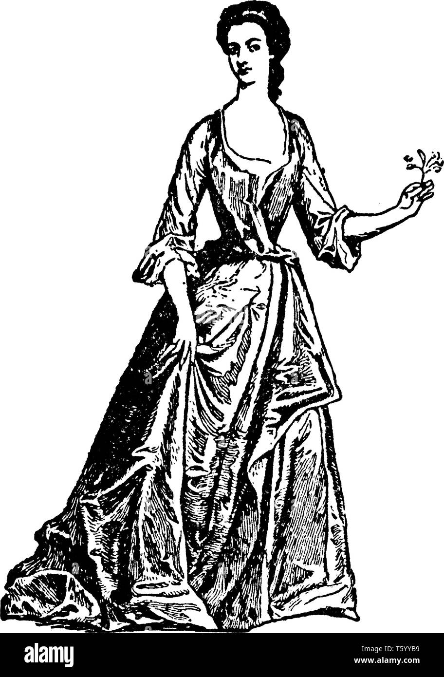 An English lady standing and holding flower in hand, vintage line ...