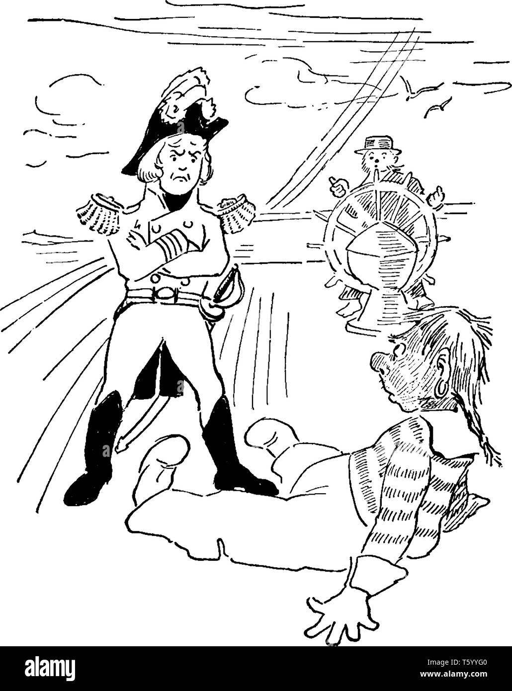 A captain of a ship looking at a man sitting on the deck, vintage line ...