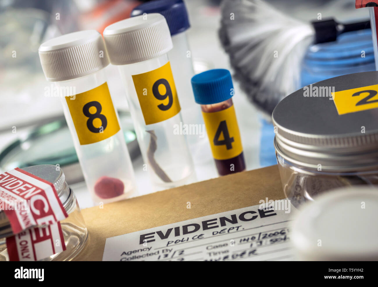 Several evidence numbered next to form in scientific laboratory ...