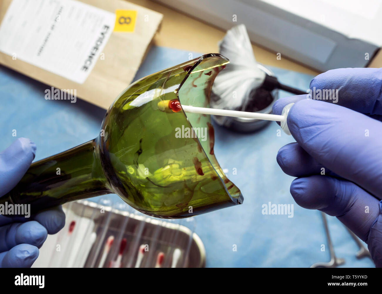 Police expert gets blood sample from a broken glass bottle in ...