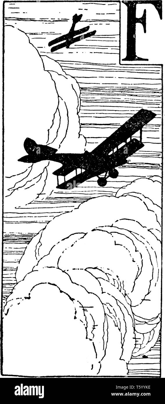 Airplanes which is two biplanes flying through the clouds, vintage line ...