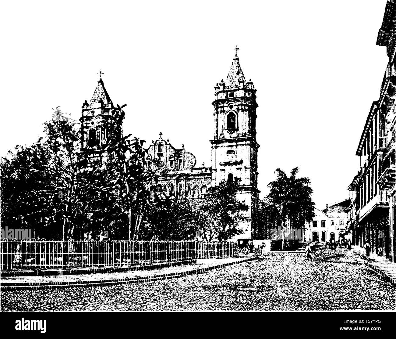 Panama Cathedral which is a city in Panama in Central America, vintage ...