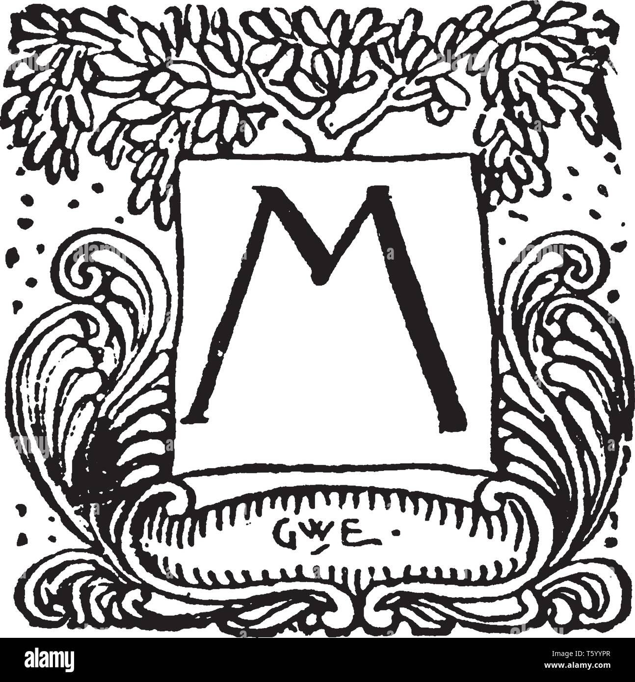 A capital letter M with tree, vintage line drawing or engraving ...