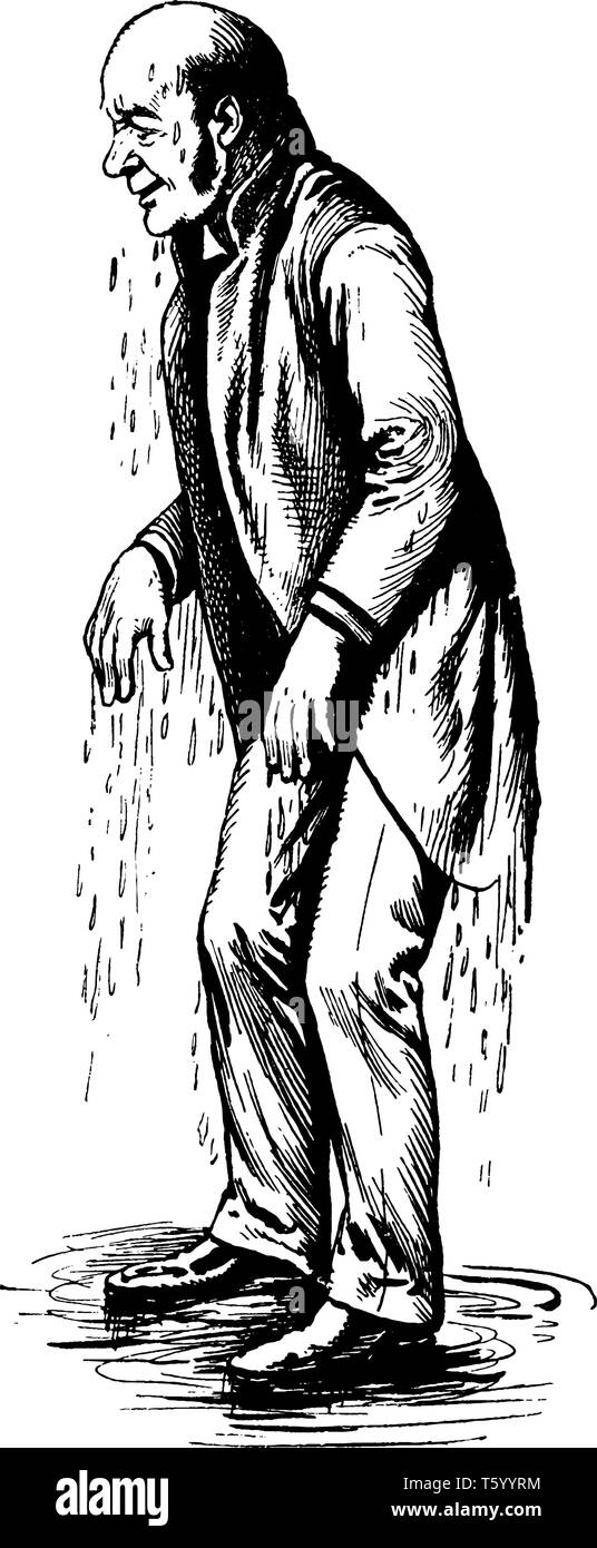 A man drenched with water, vintage line drawing or engraving ...