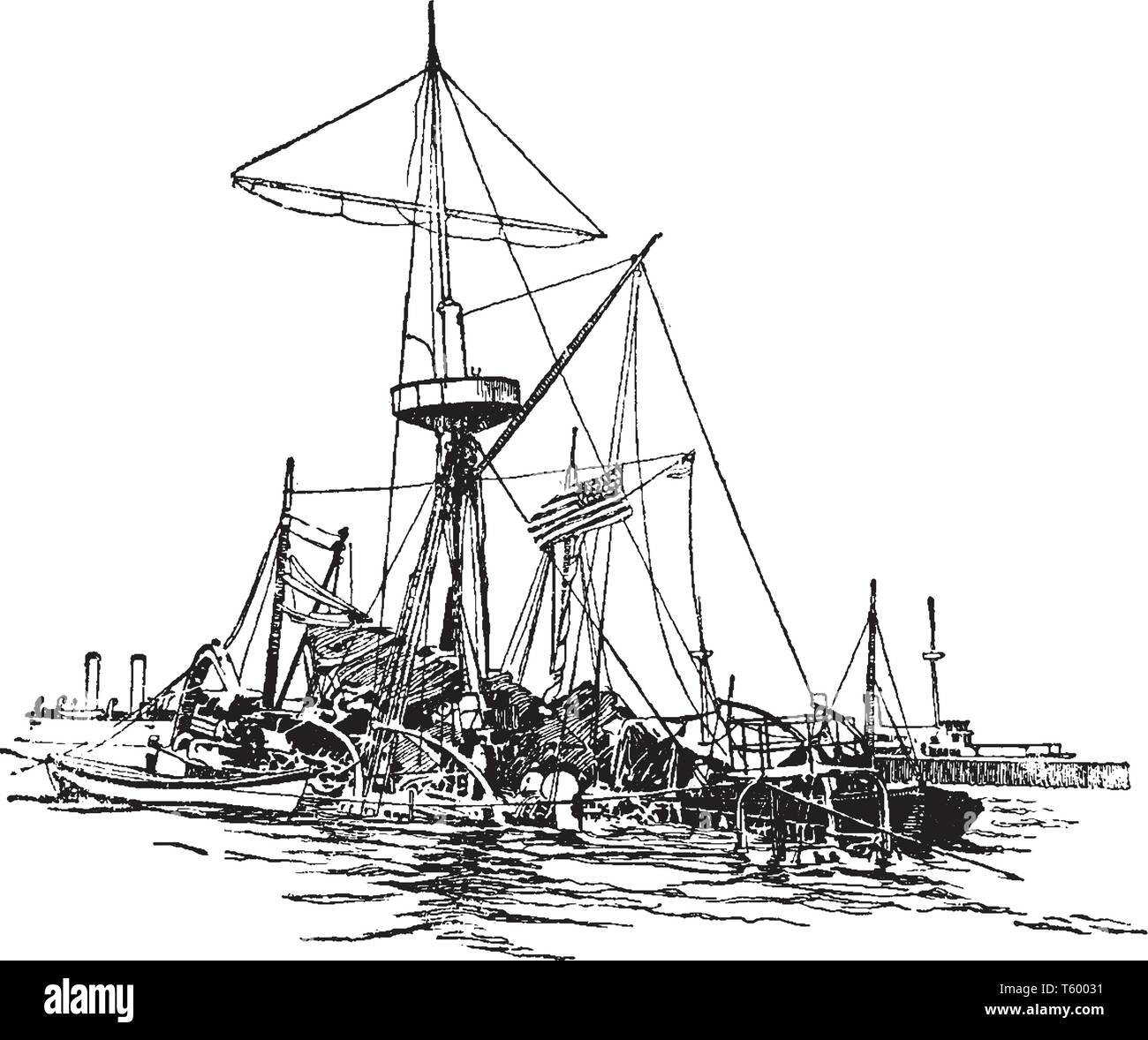 This image represents Wreck of the Maine, vintage line drawing or ...