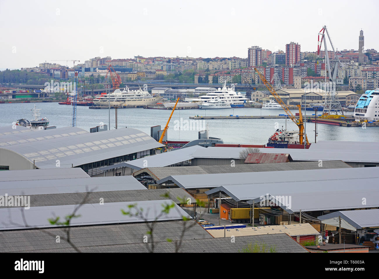 TRIESTE, ITALY -12 APR 2019- View of the Free Port of Trieste, a ...
