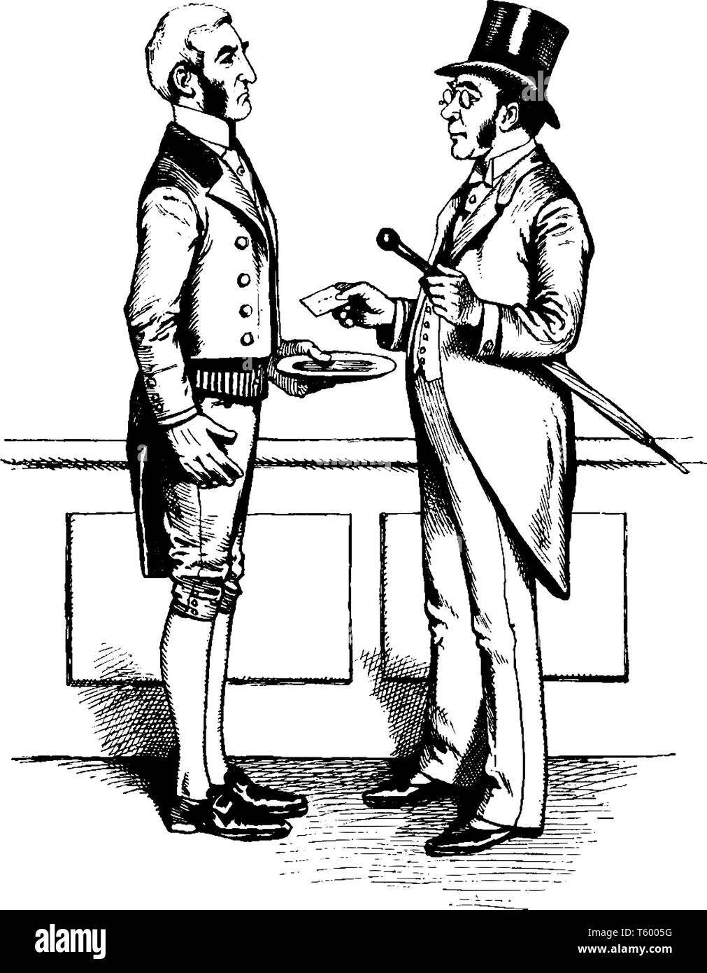 A man delivering letter to another man, vintage line drawing or ...