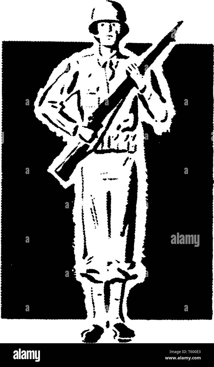 A man in a military uniform with a rifle, vintage line drawing or ...