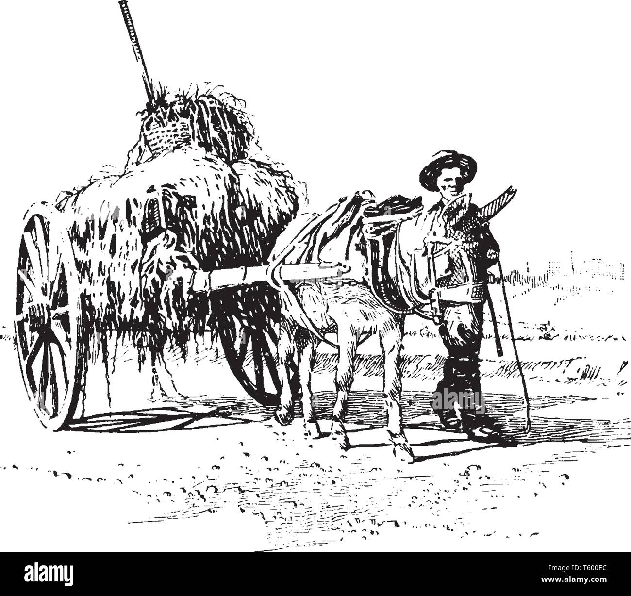 Boy with cart behind comes a boy with a cart load of grass, vintage ...
