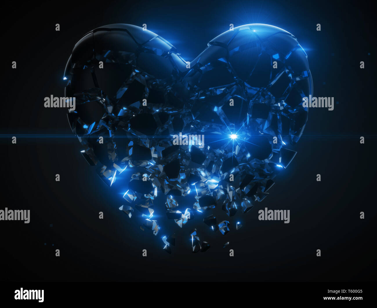 fracturing and dissolving dark heart with blue cyrstal inside. concept ...