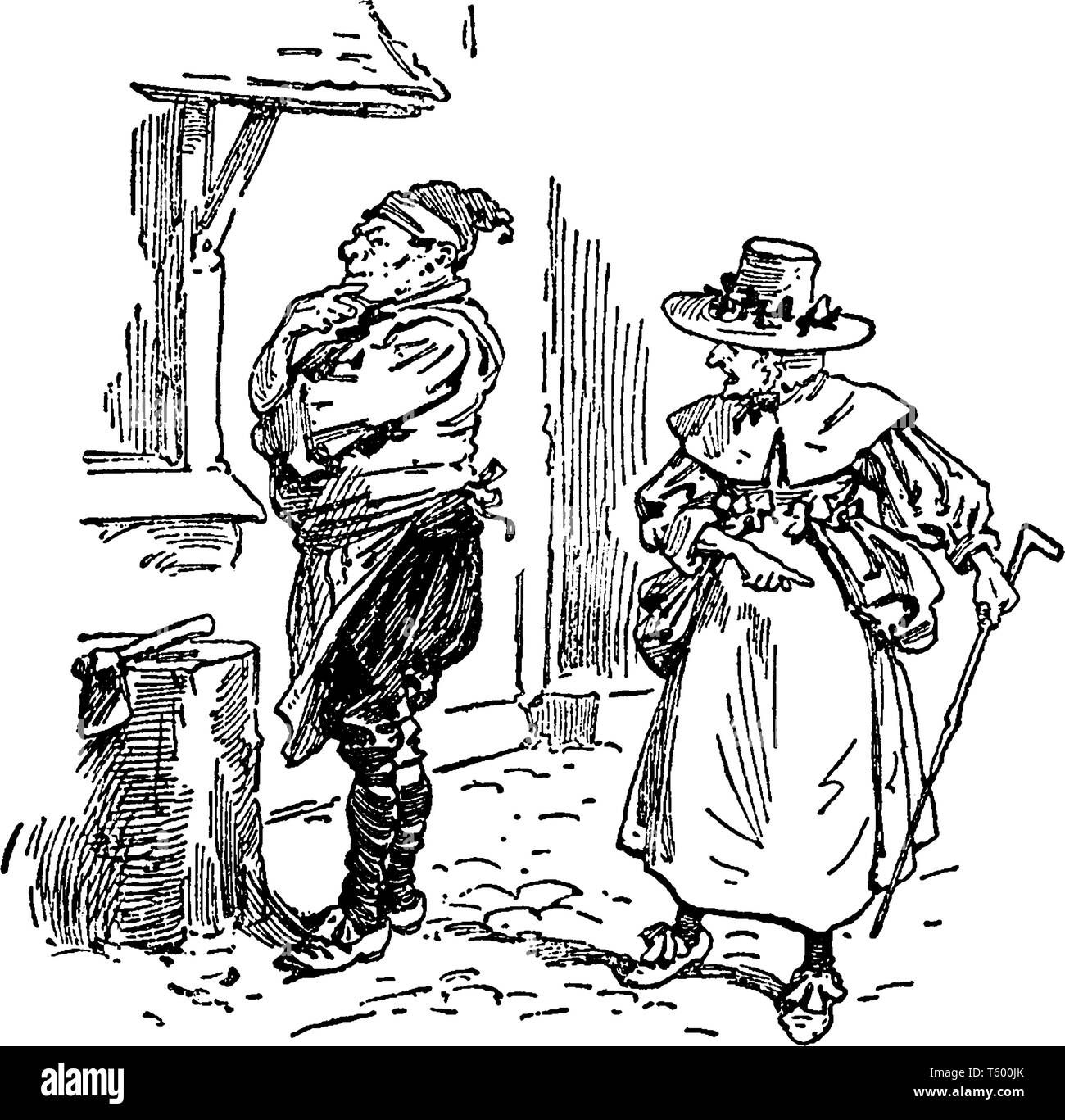 A woman talking to man, he ignoring her, vintage line drawing or ...