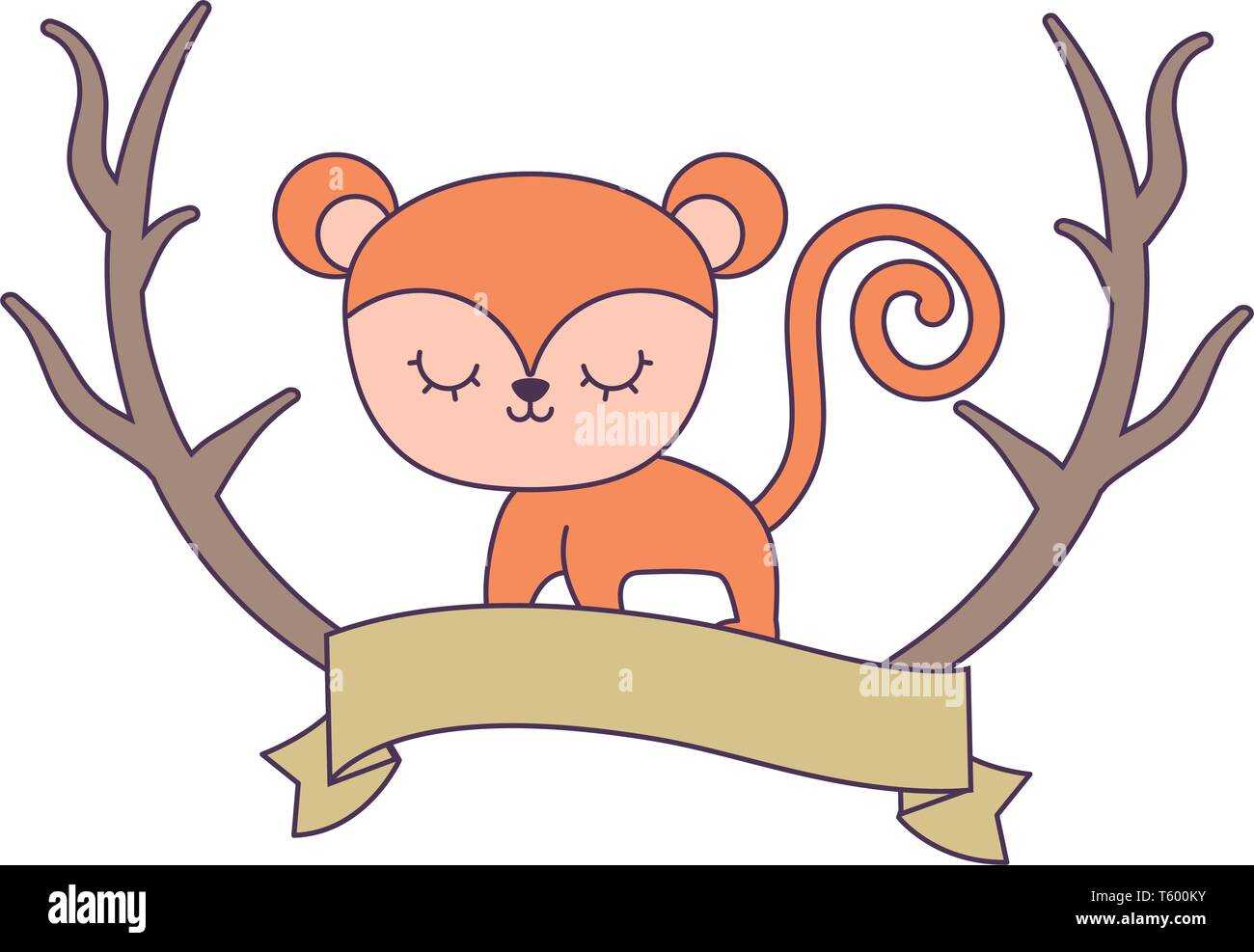 cute monkey animal with ribbon and branches vector illustration design ...