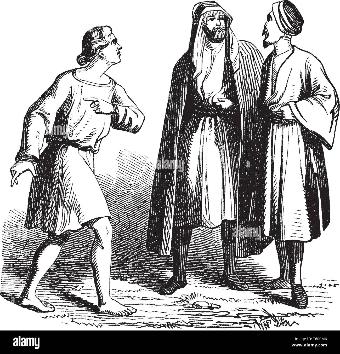 A man talking with two men standing in front of him, vintage line ...